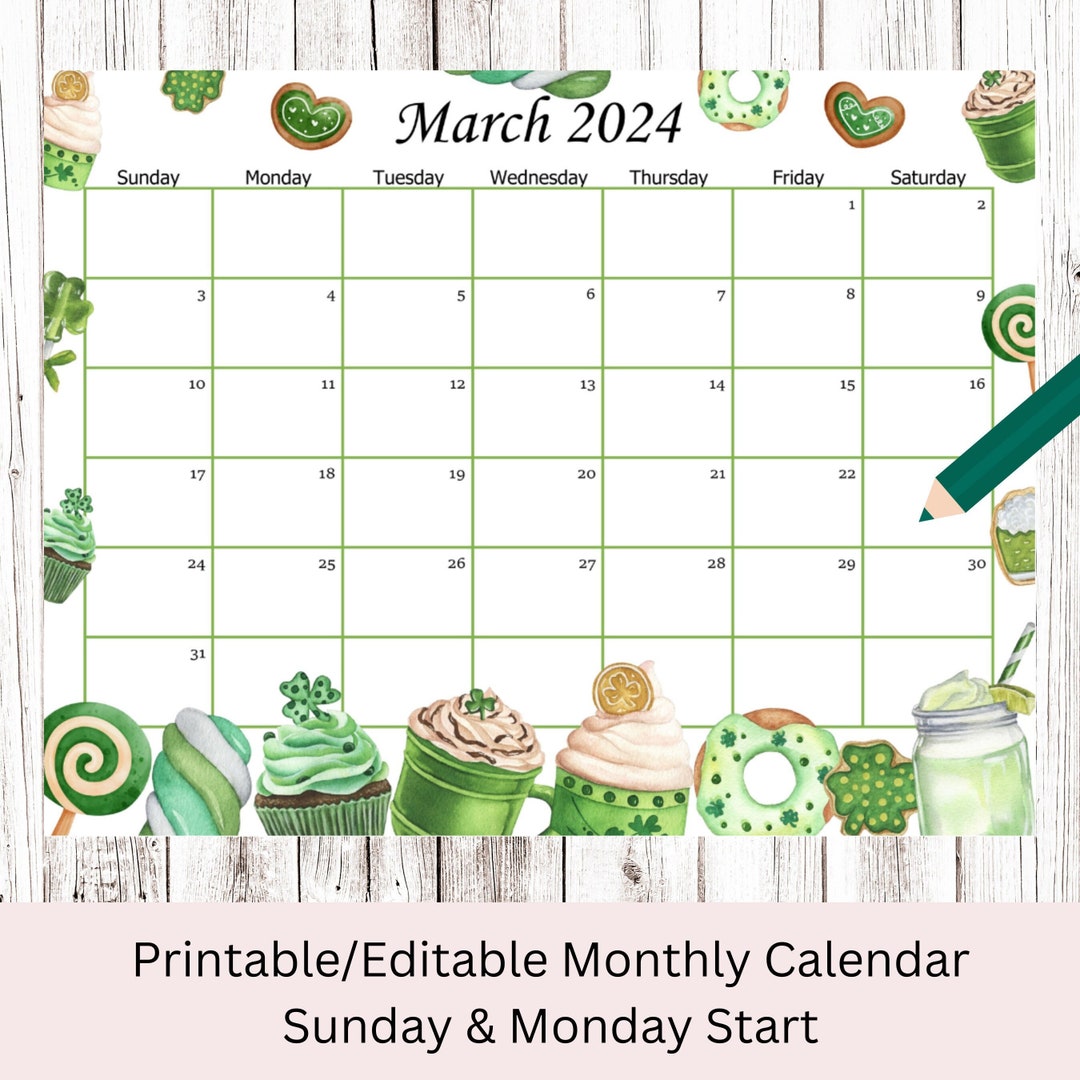 EDITABLE March 2024 Calendar, St. Patrick's Day Sweets Planner, Kids ...