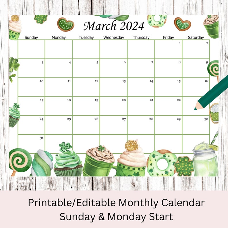 EDITABLE March 2024 Calendar, St. Patrick's Day Sweets Planner, Kids ...