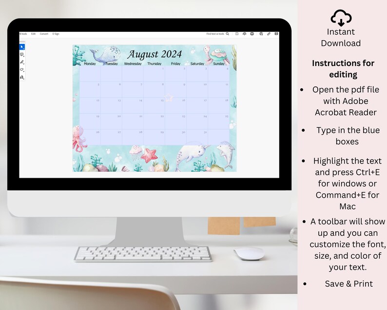 EDITABLE August 2024 Calendar, Cute Summer Planner, Monthly Kids School ...