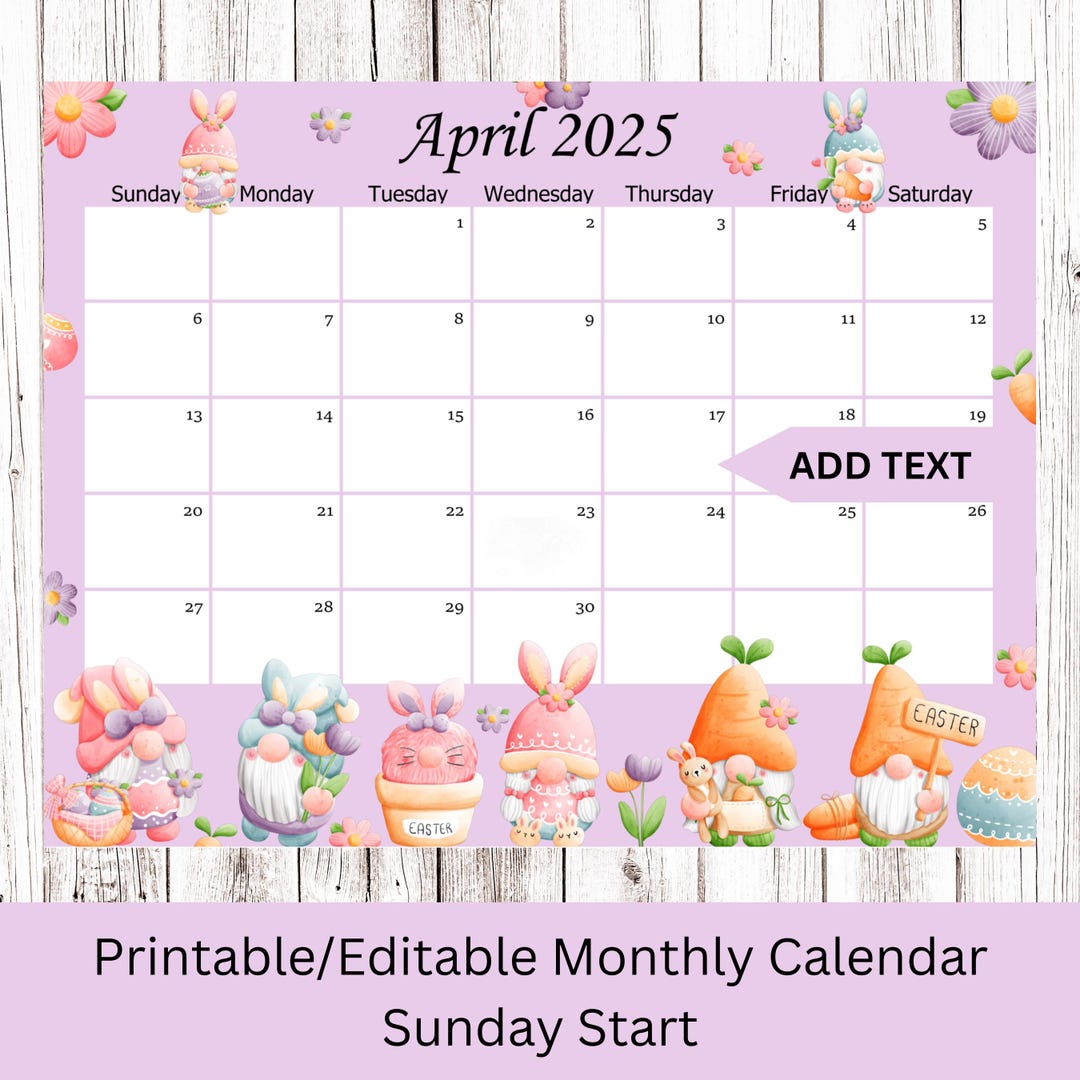EDITABLE April 2025 Calendar, Easter Day Gnomes Planner, Kids School ...