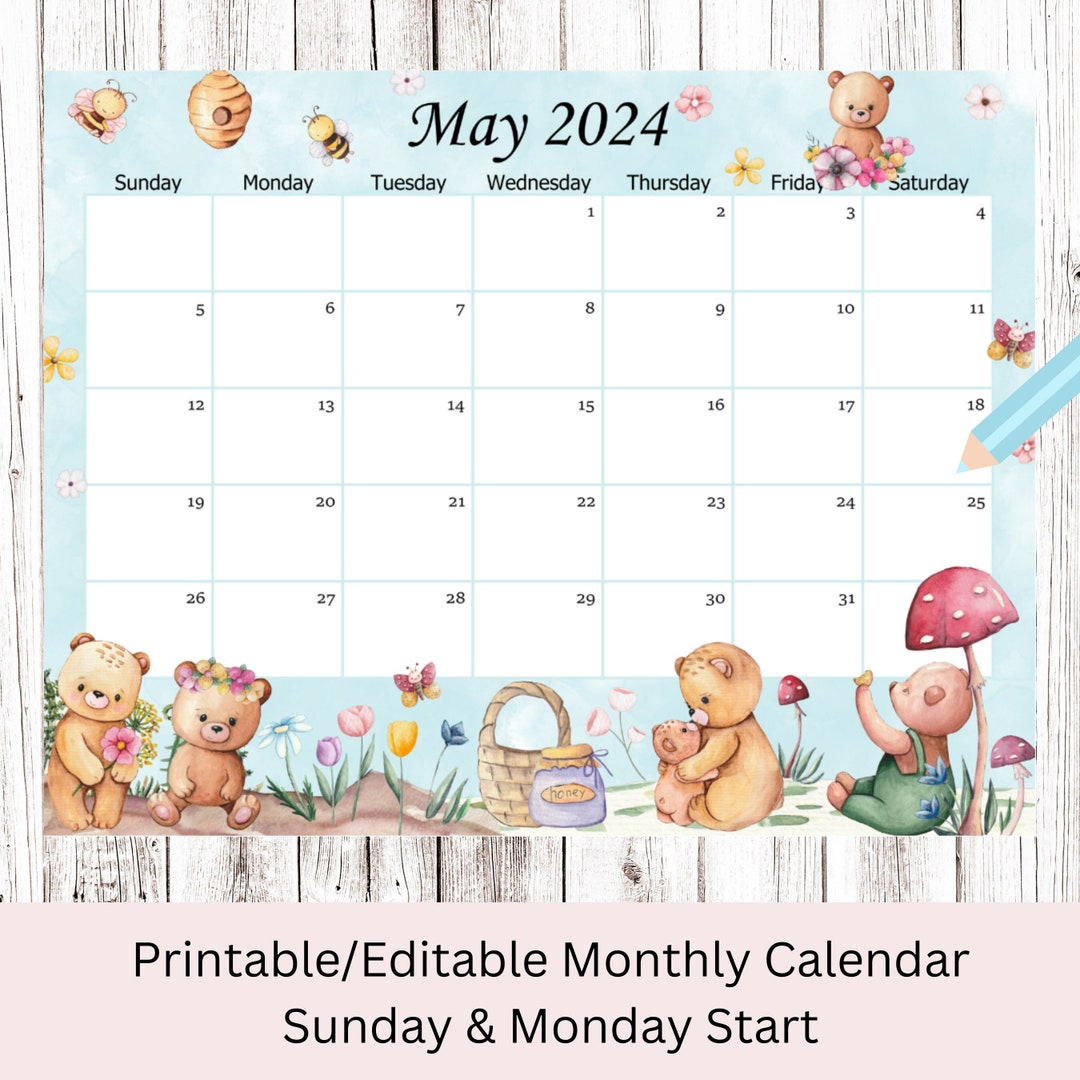 EDITABLE May 2024 Calendar, Cute Spring Planner, Monthly Kids School ...
