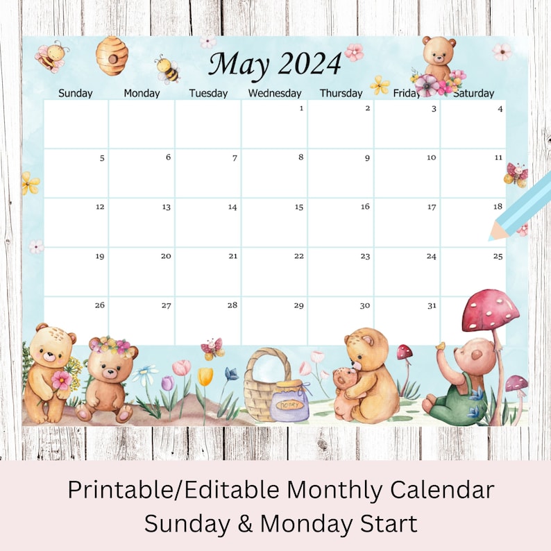 EDITABLE May 2024 Calendar, Cute Spring Planner, Monthly Kids School ...