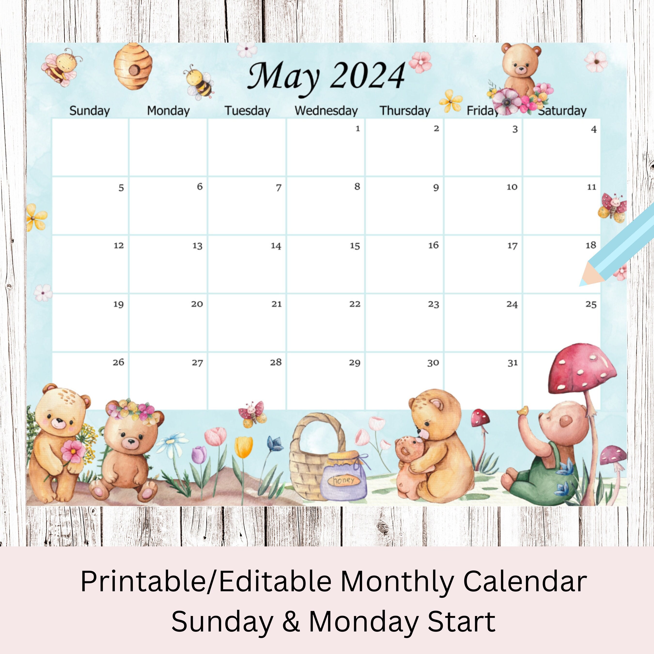 EDITABLE May 2024 Calendar, Cute Spring Planner, Monthly Kids School ...