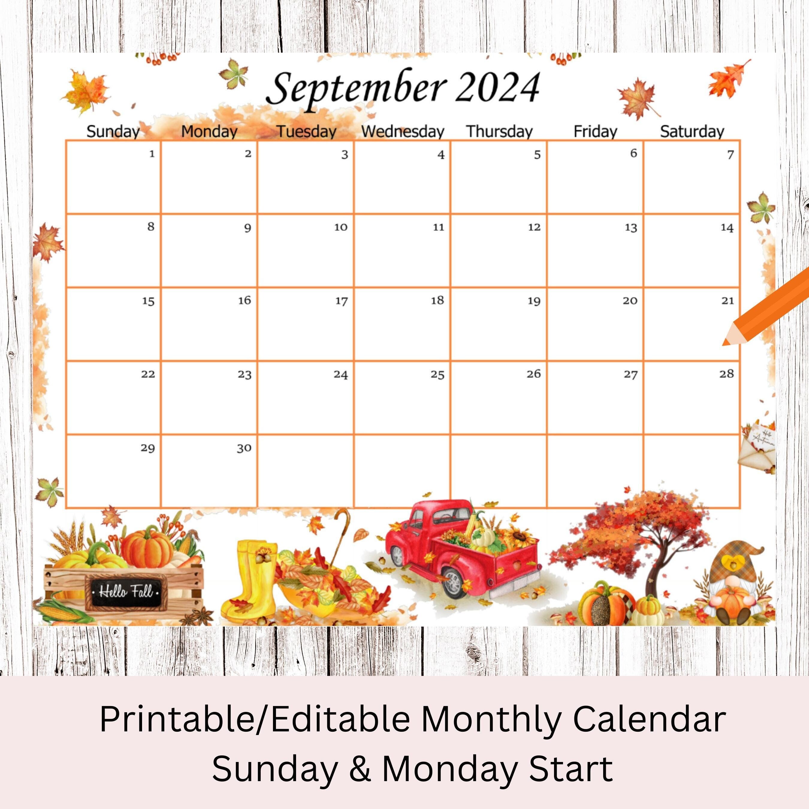EDITABLE September 2024 Calendar, Autumn Planner, Monthly Kids School ...