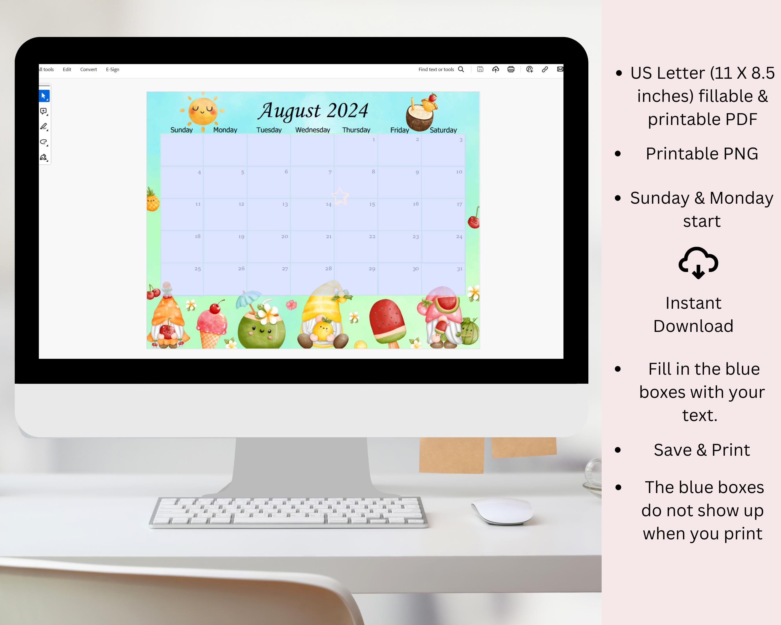 EDITABLE August 2024 Calendar, Cute Summer Gnomes Planner, Kids School ...