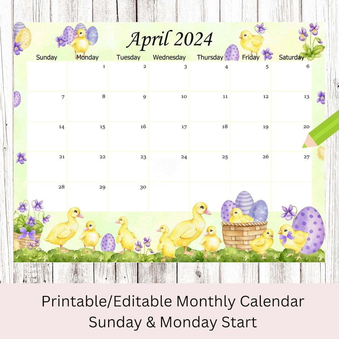 EDITABLE April 2024 Calendar, Beautiful Easter Day Planner, Kids School ...