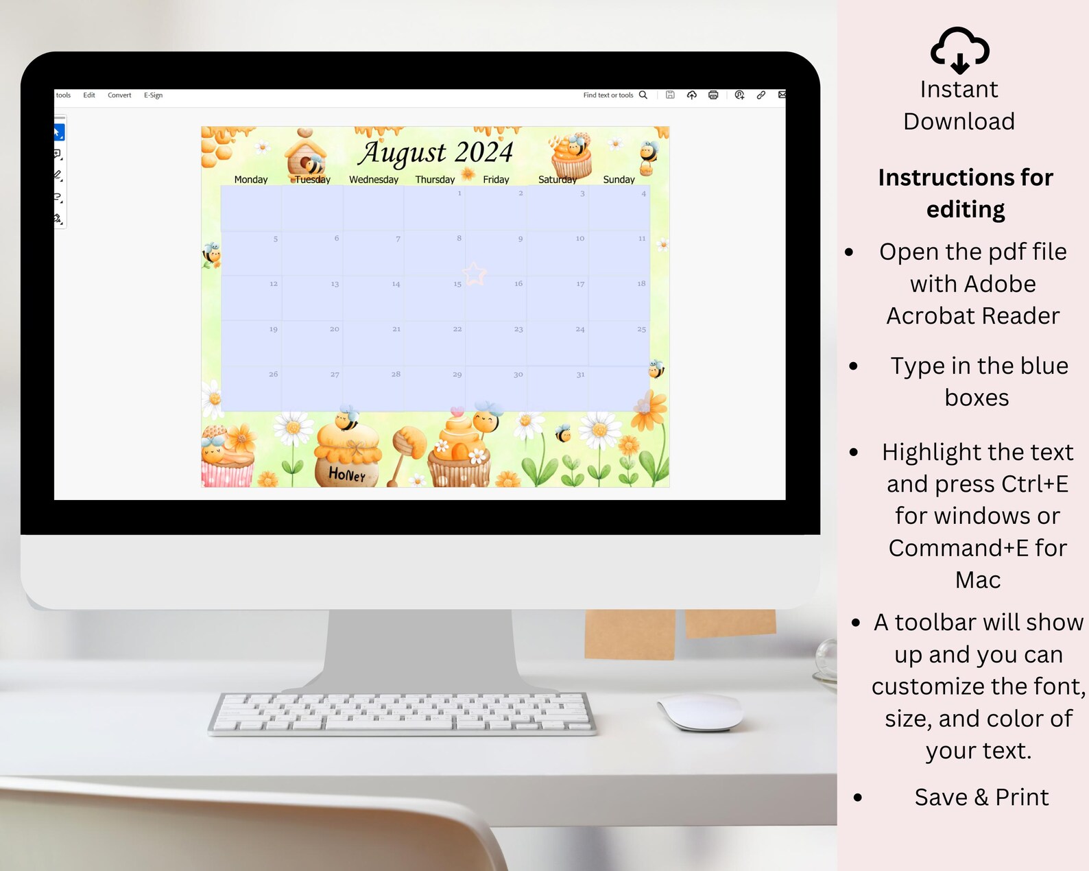 EDITABLE August 2024 Calendar, Bees & Honey Planner, Monthly Kids ...
