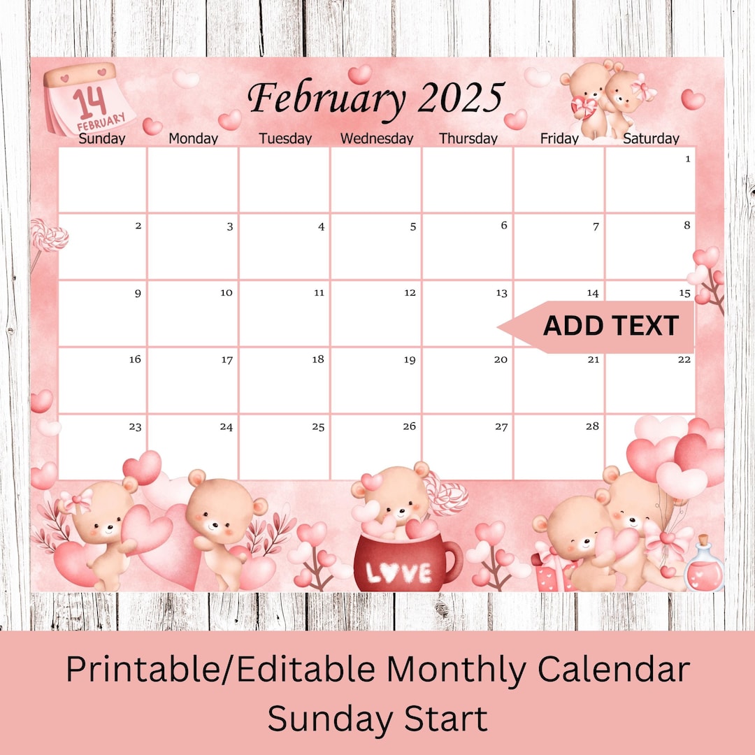 Calendario de febrero de 2025 editable, planificador de osos de San ...