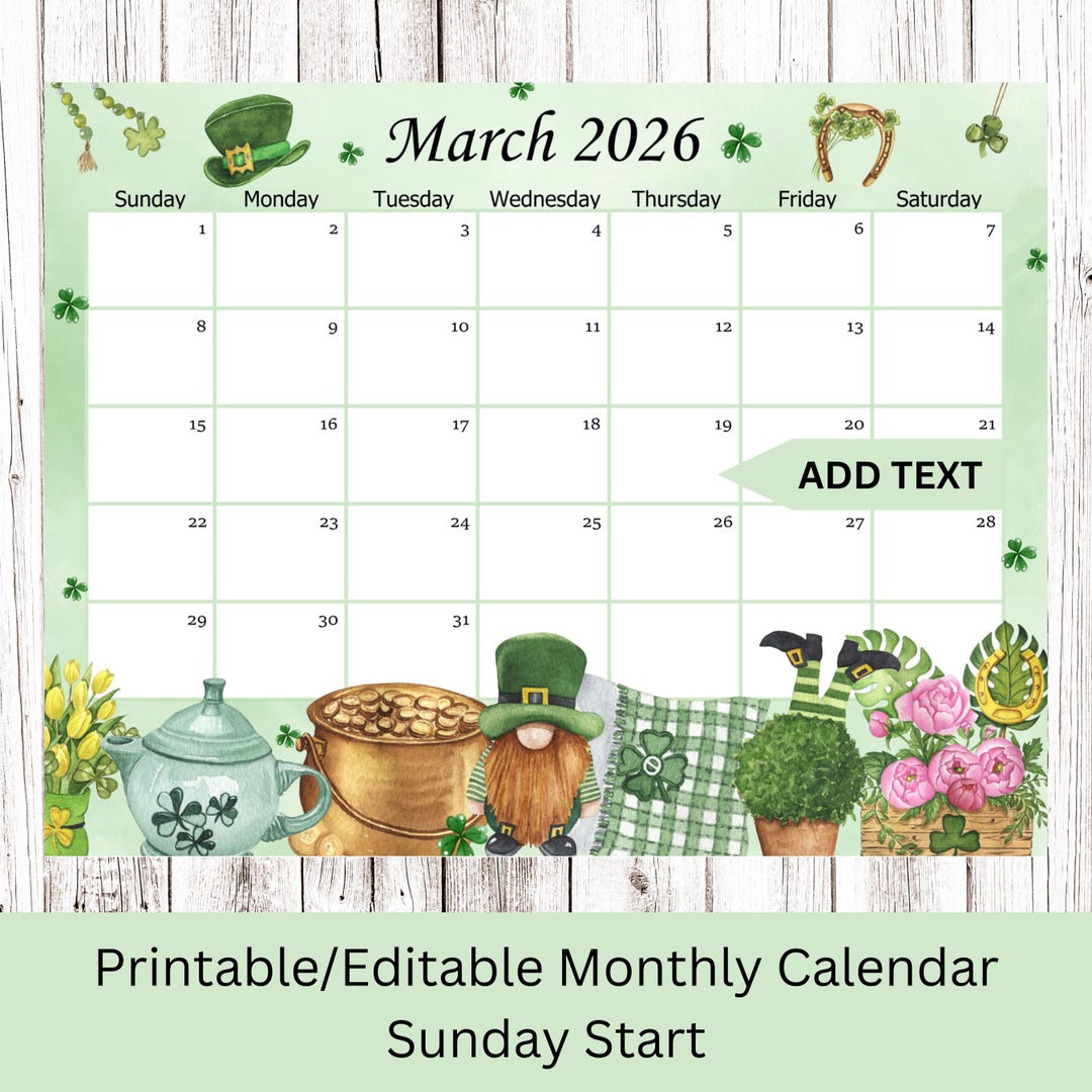 March 2026 Editable Calendar, St. Patrick's Day Planner, Printable ...