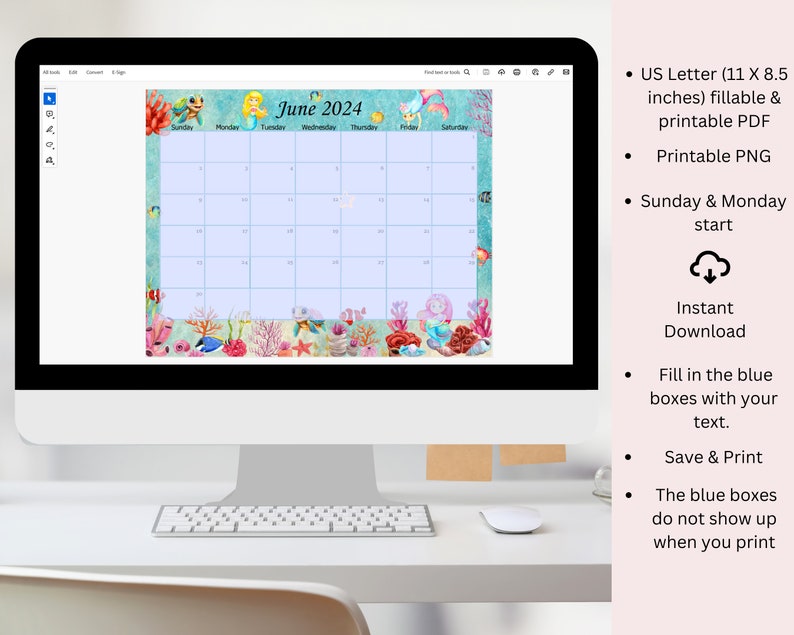 EDITABLE June 2024 Calendar, Summer Planner With Cute Mermaids, Kids ...
