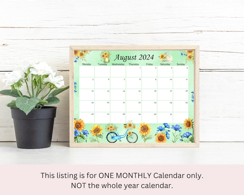 EDITABLE August 2024 Calendar, Sunflowers Planner, Monthly Kids School ...
