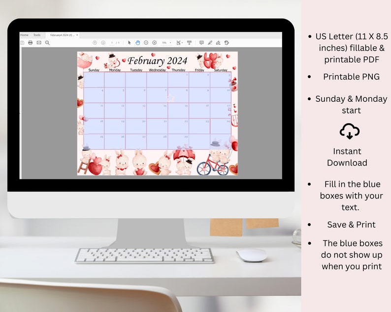 EDITABLE February 2024 Calendar, Cute Valentine Planner, Printable ...