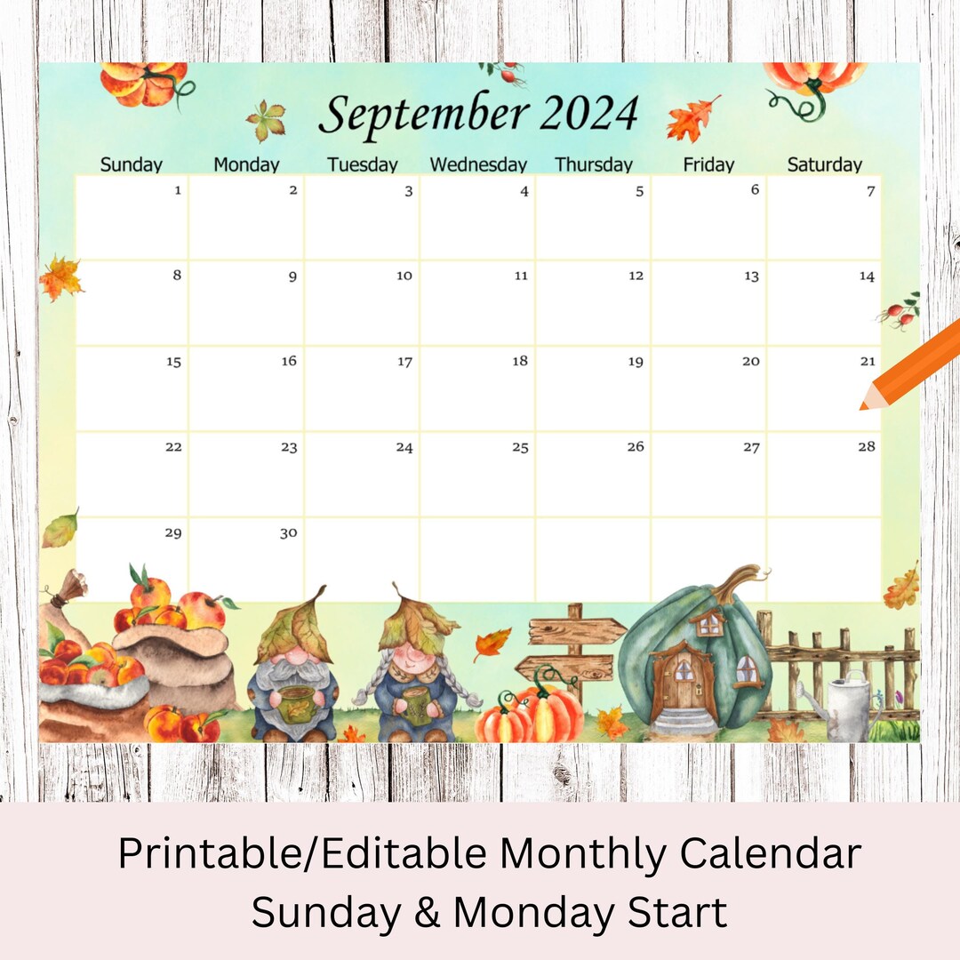 EDITABLE September 2024 Calendar, Cute Autumn Gnomes Planner, Kids ...