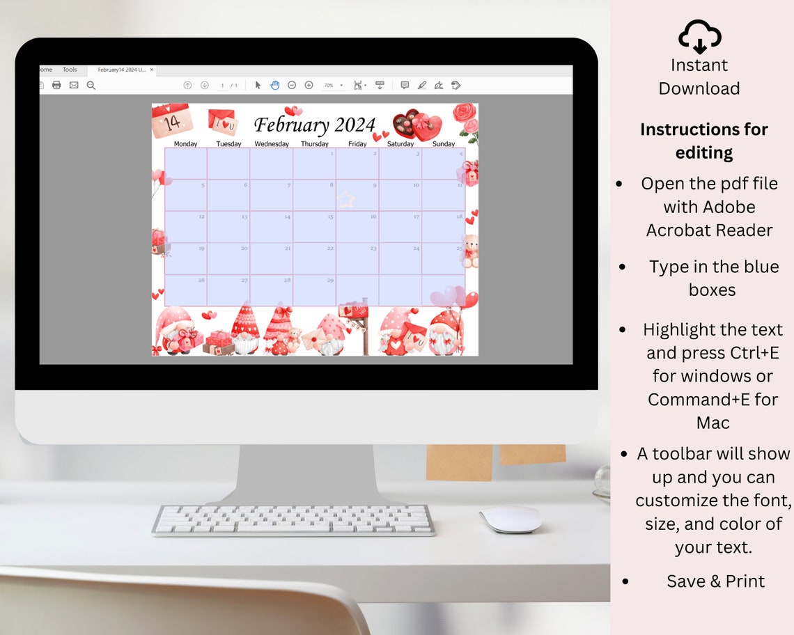 EDITABLE February 2024 Calendar, Cute Valentine Gnomes Planner, Kids ...