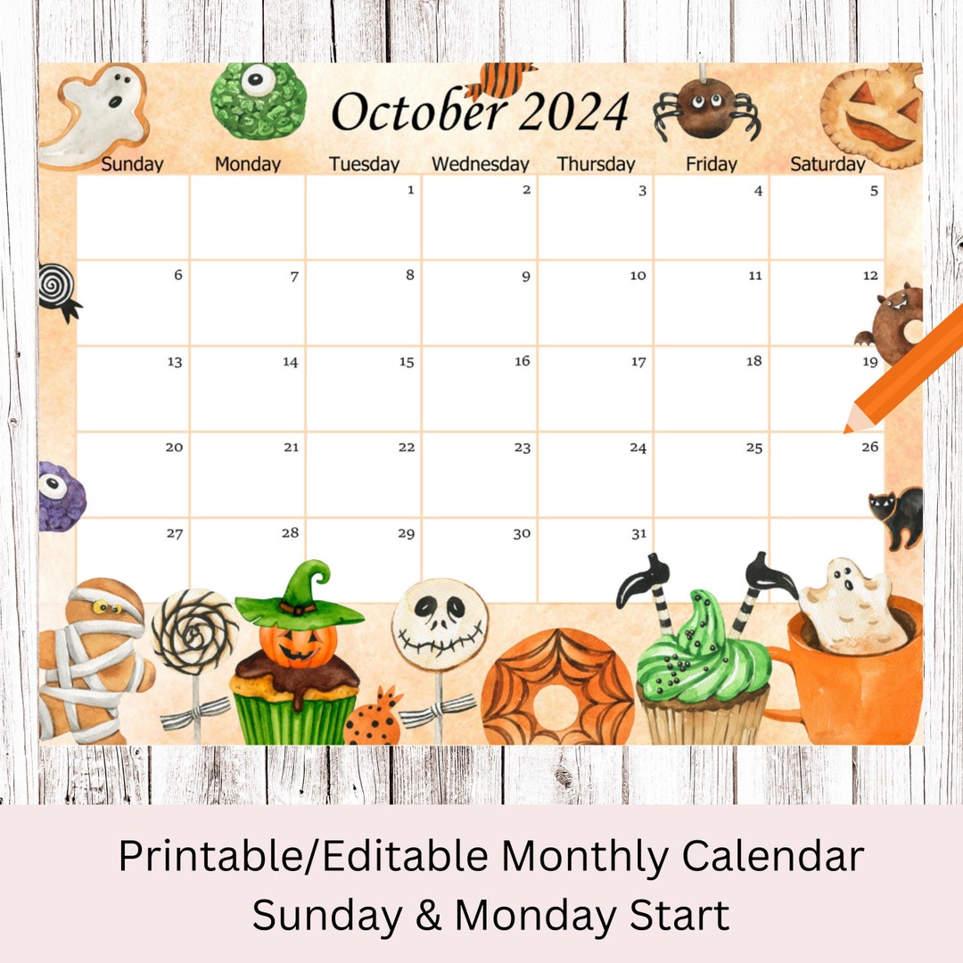 EDITABLE October 2024 Calendar, Cute Halloween Sweets Planner, Kids ...