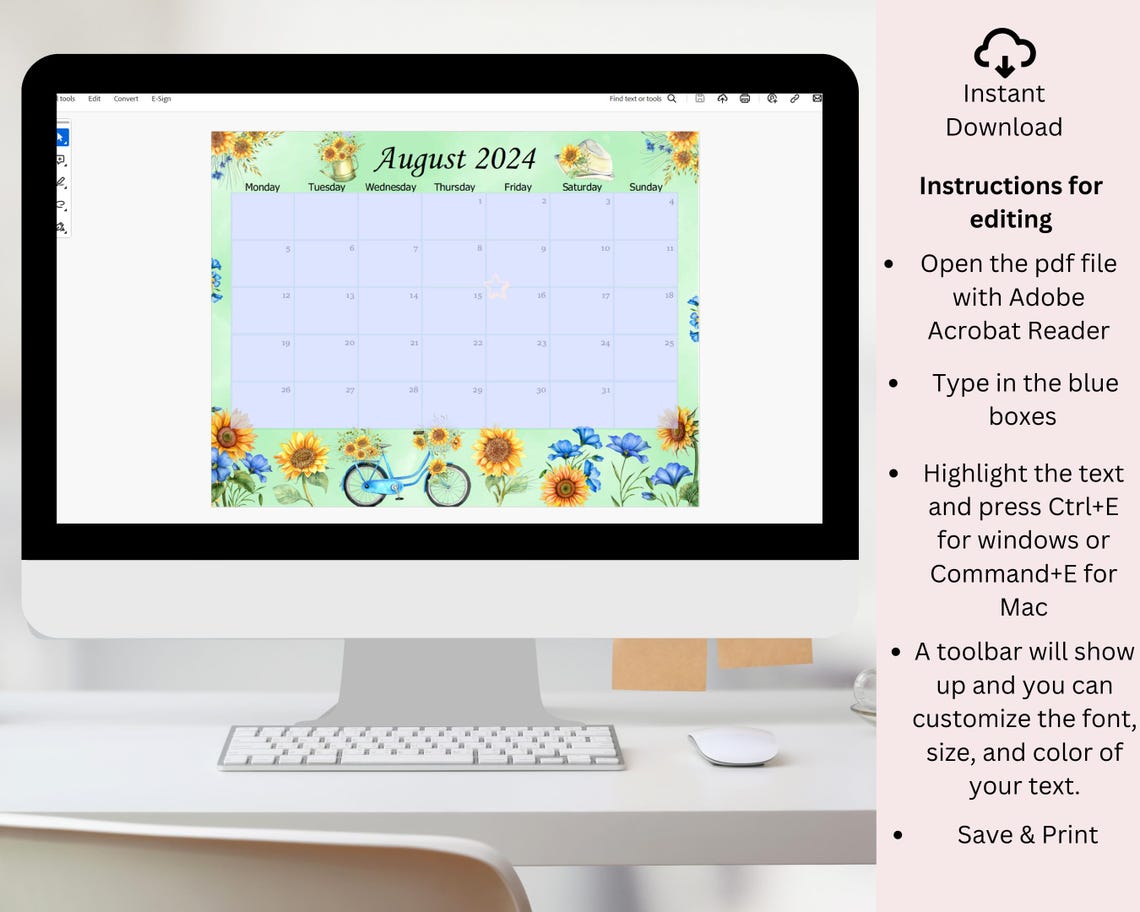 EDITABLE August 2024 Calendar, Sunflowers Planner, Monthly Kids School ...