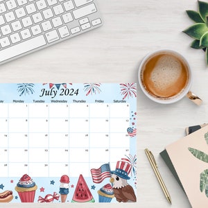 EDITABLE July 2024 Calendar, 4th of July Planner, Monthly Kids School ...