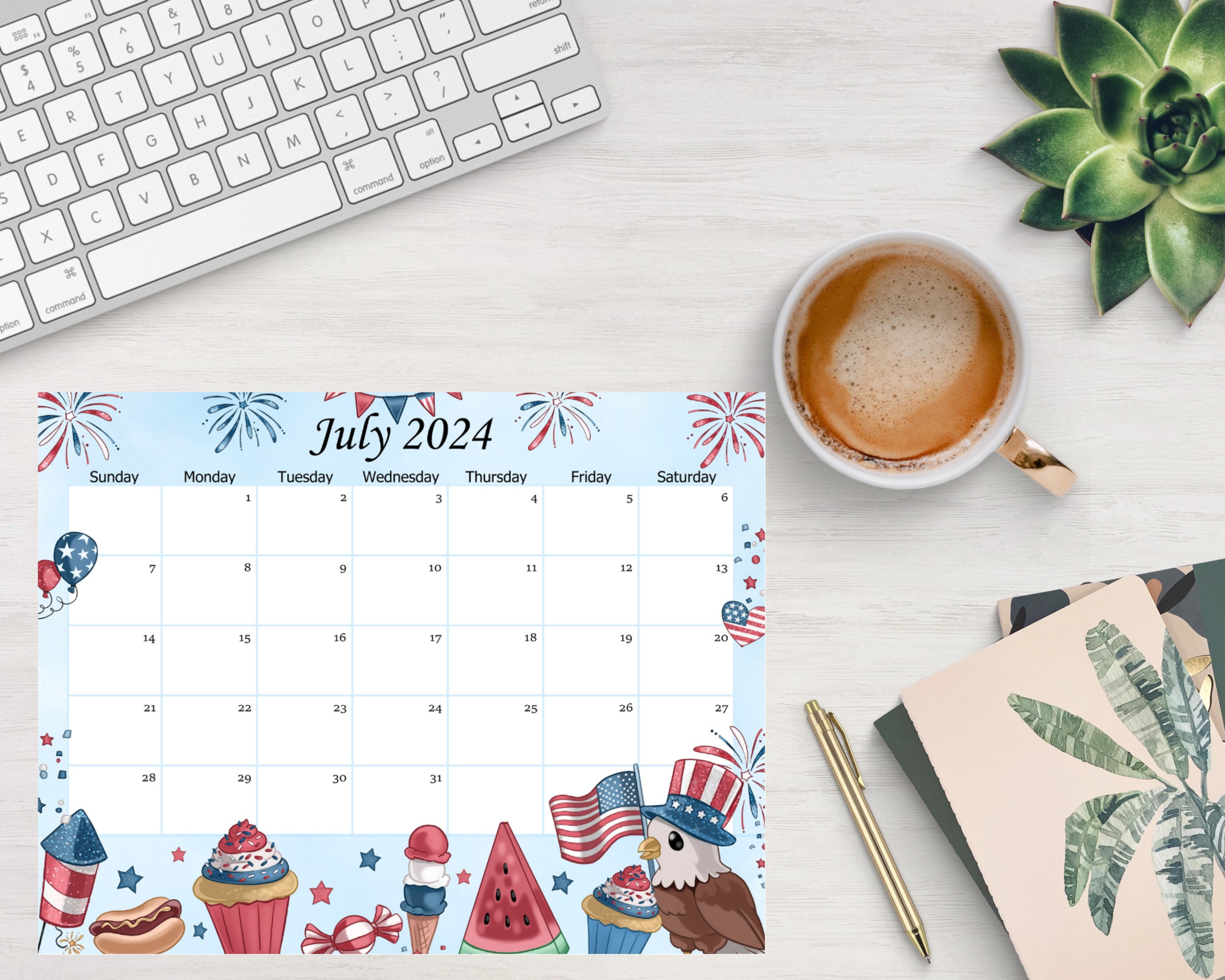 EDITABLE July 2024 Calendar, 4th of July Planner, Monthly Kids School ...