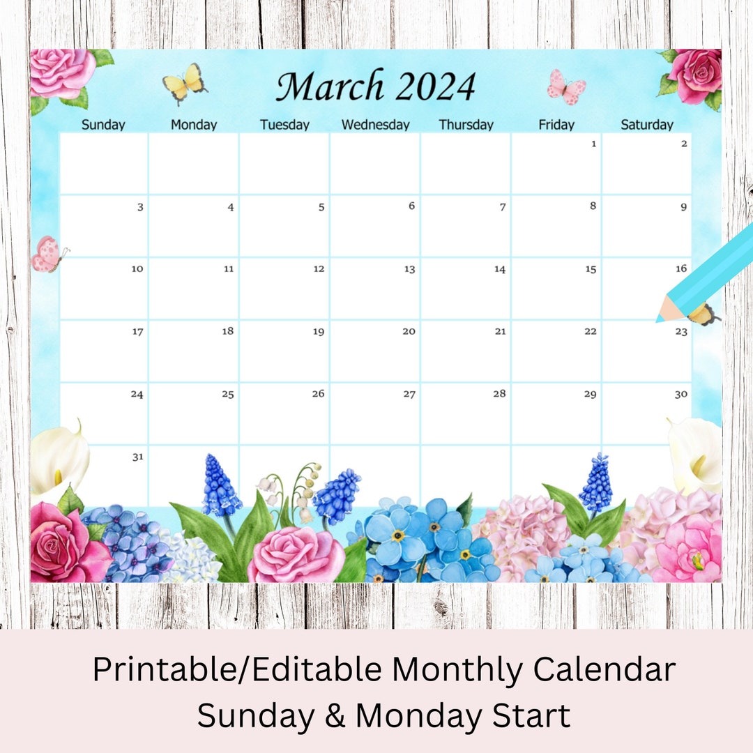 EDITABLE March 2024 Calendar, Beautiful Spring Planner, Kids School ...