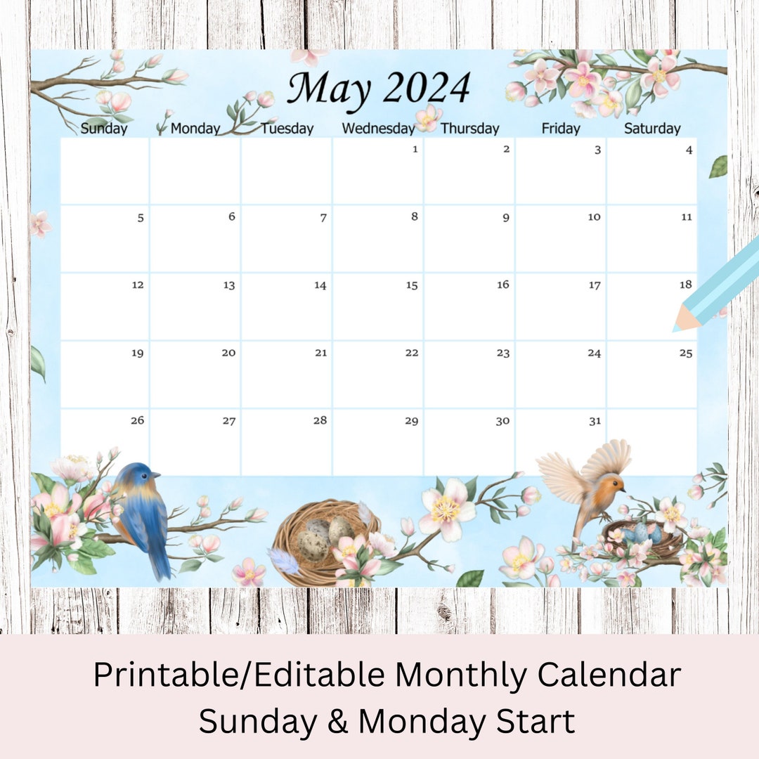 EDITABLE May 2024 Calendar, Beautiful Spring Planner, Monthly Kids ...