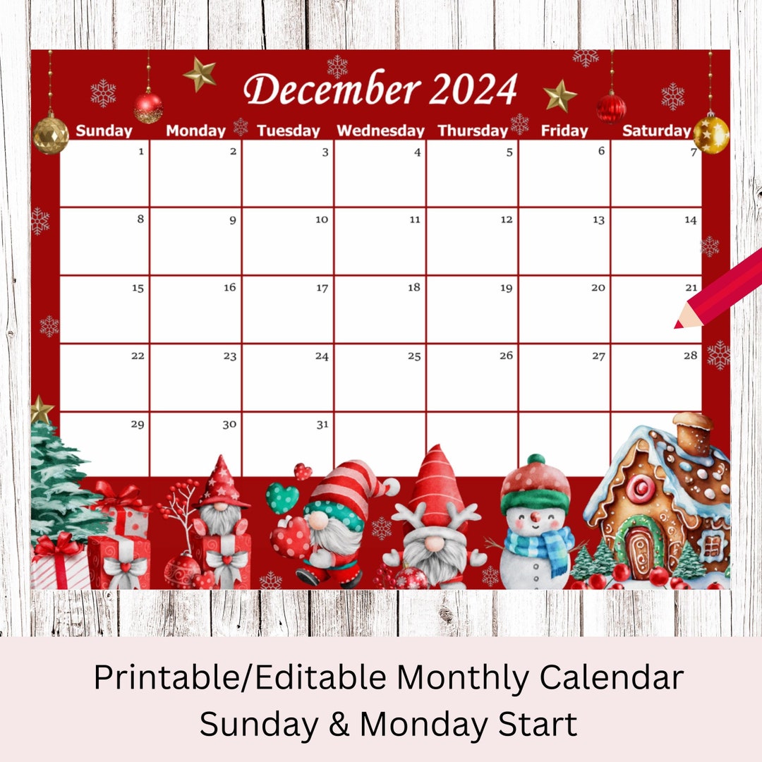 EDITABLE December 2024 Calendar, Christmas Planner With Gnomes, Kids ...