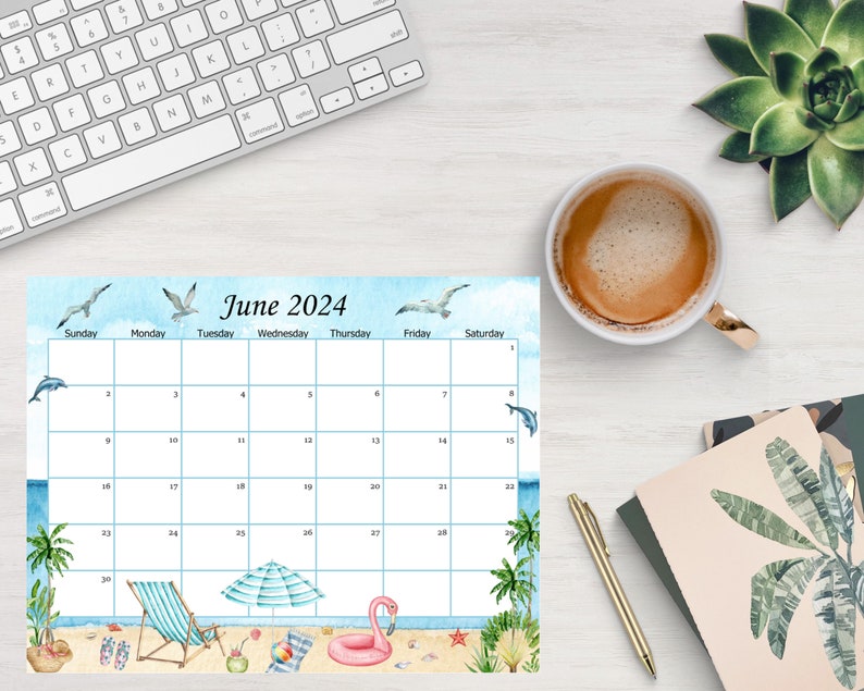 EDITABLE June 2024 Calendar, Summer Beach Planner, Monthly Kids School ...