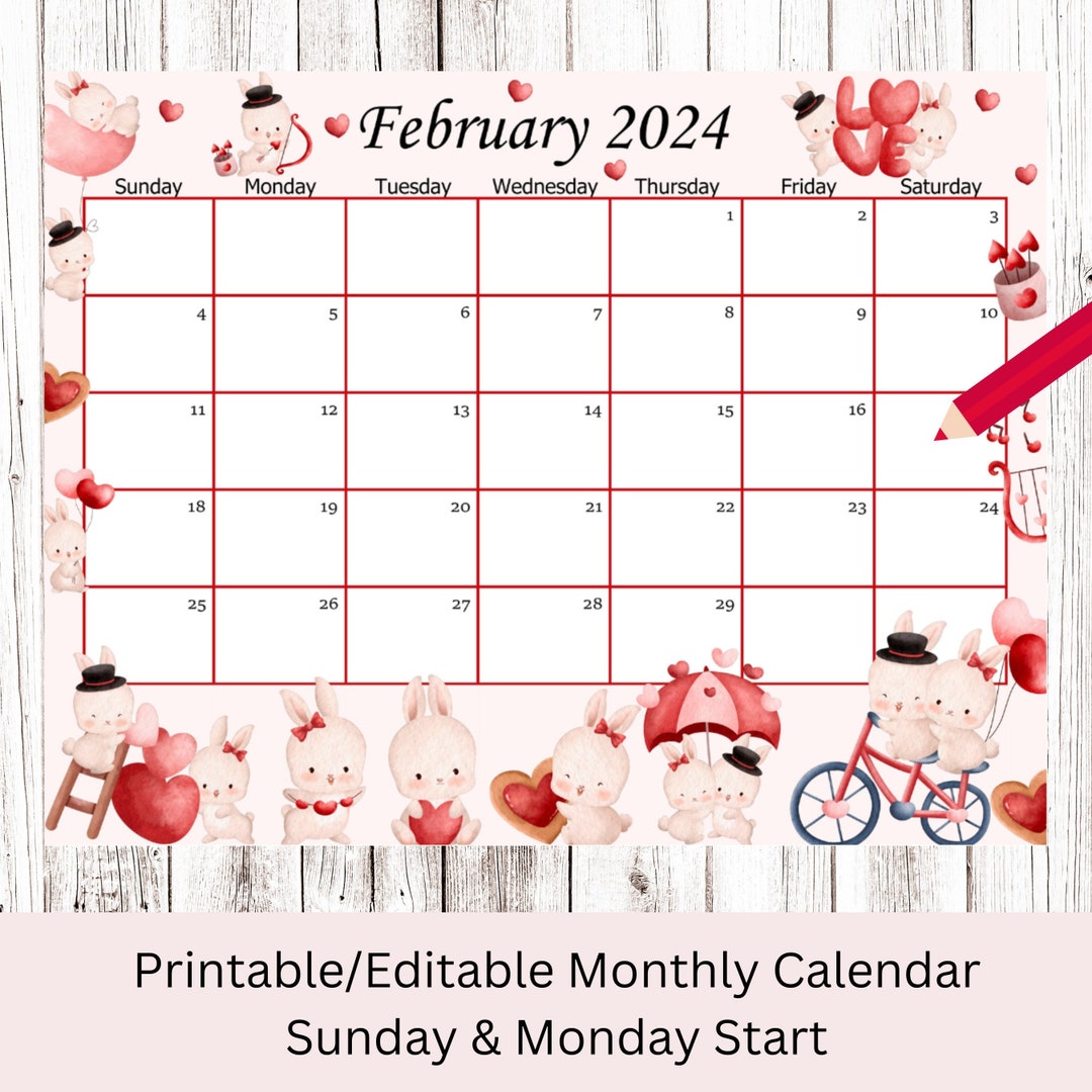 EDITABLE February 2024 Calendar, Cute Valentine Planner, Printable ...