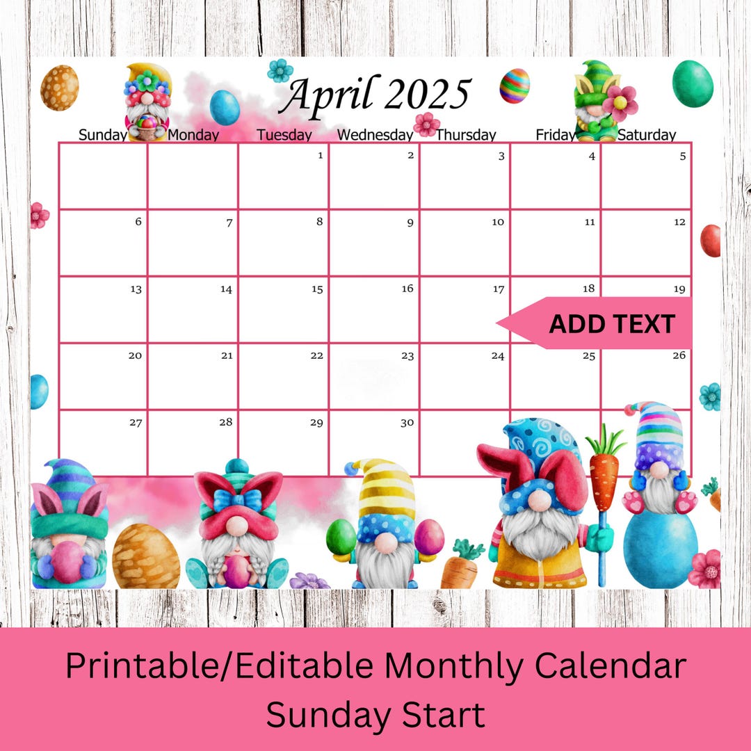 EDITABLE April 2025 Calendar, Easter Day Gnomes Planner, Kids School ...