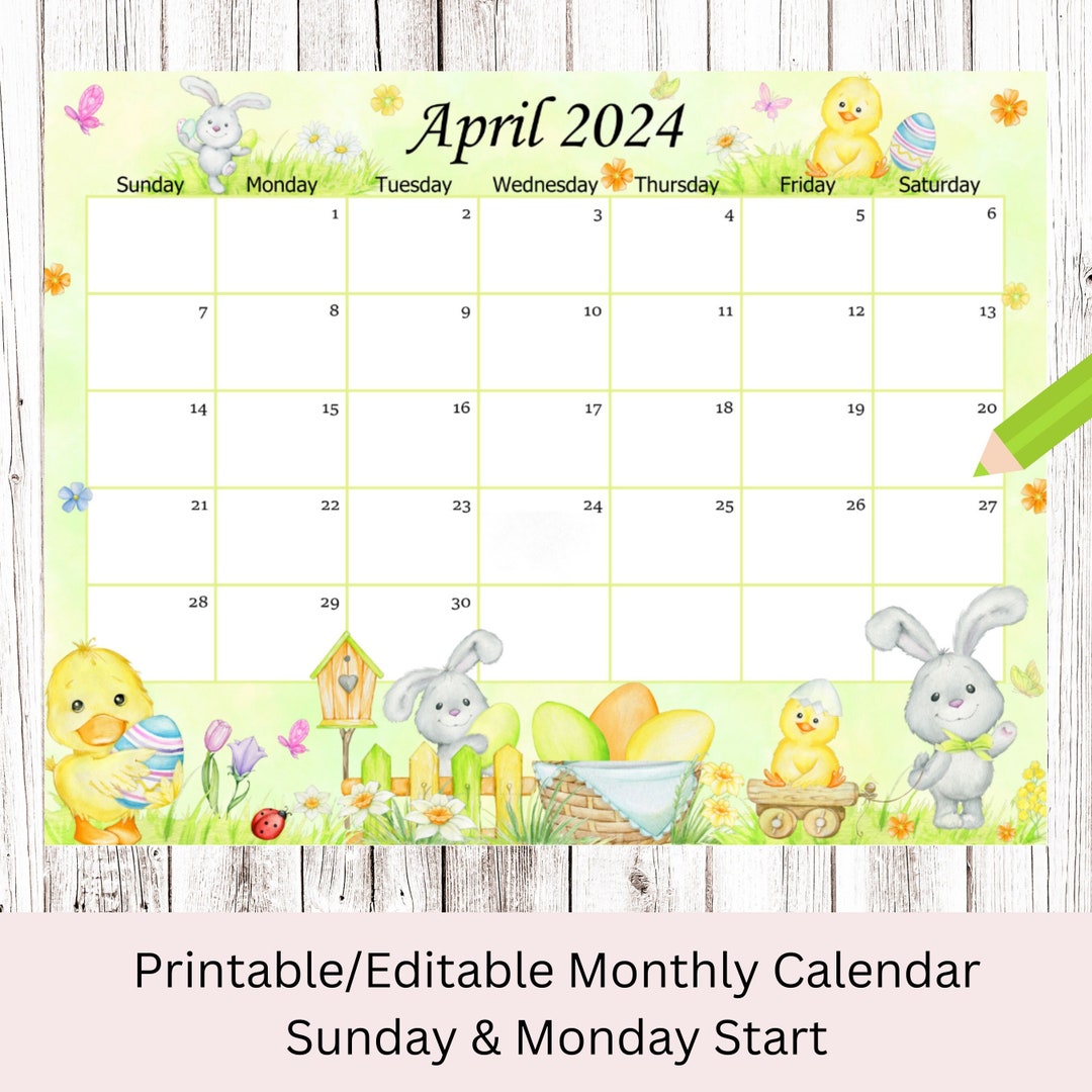 Buy EDITABLE April 2024 Calendar, Cute Easter Day Planner, Monthly Kids ...
