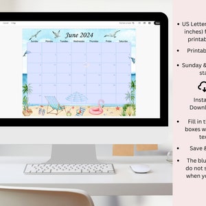 EDITABLE June 2024 Calendar, Summer Beach Planner, Monthly Kids School ...