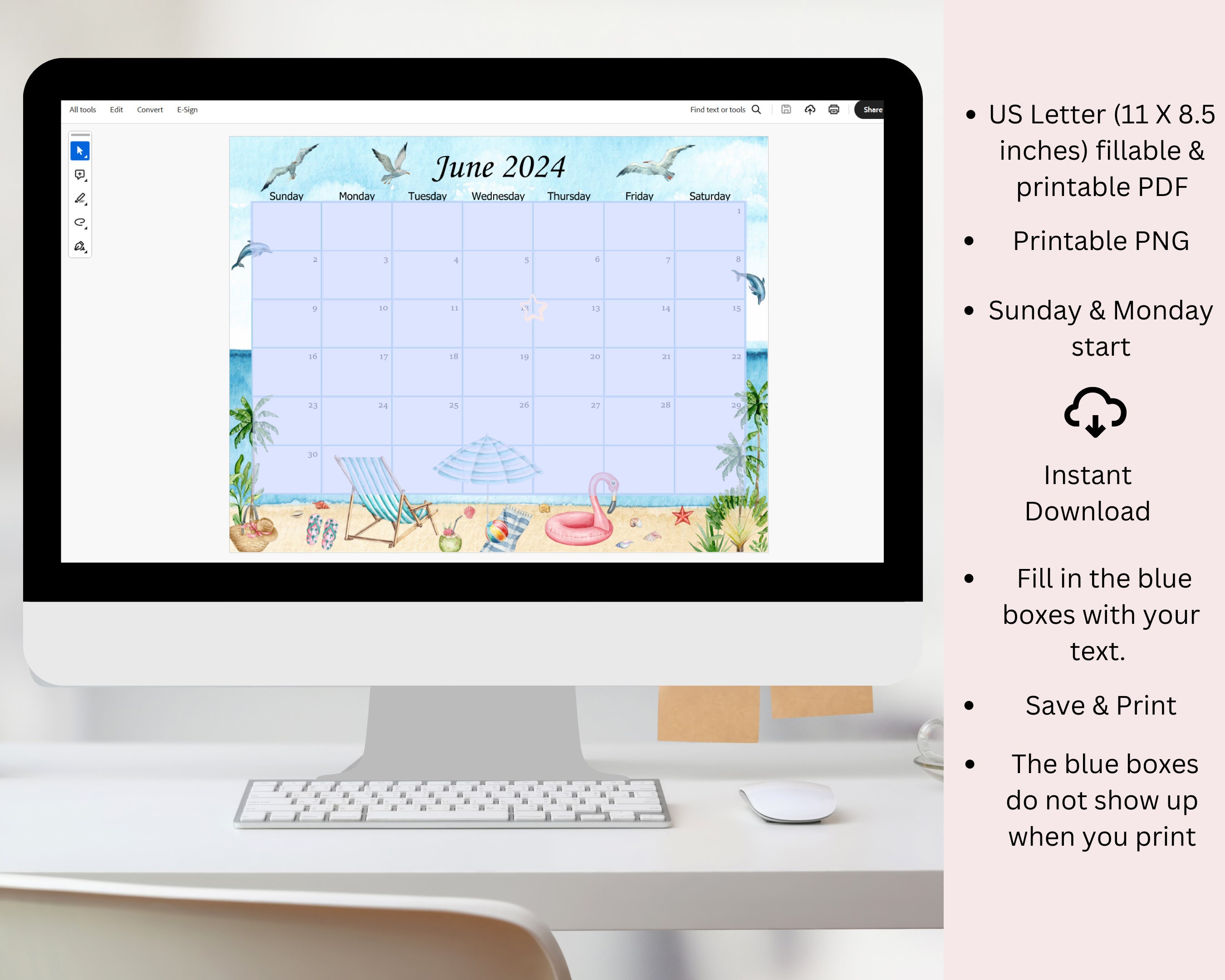 EDITABLE June 2024 Calendar, Summer Beach Planner, Monthly Kids School ...