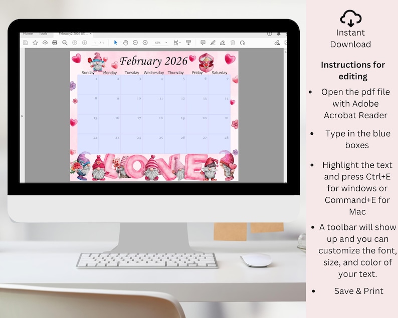 EDITABLE February 2026 Calendar: Valentine Gnomes Planner, Printable ...