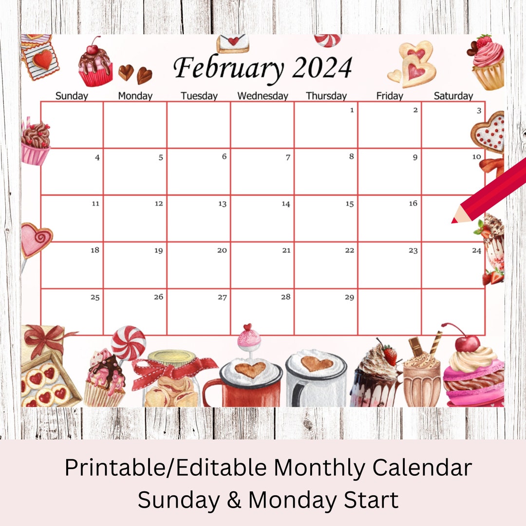 EDITABLE February 2024 Calendar Valentine With Sweets - Etsy UK