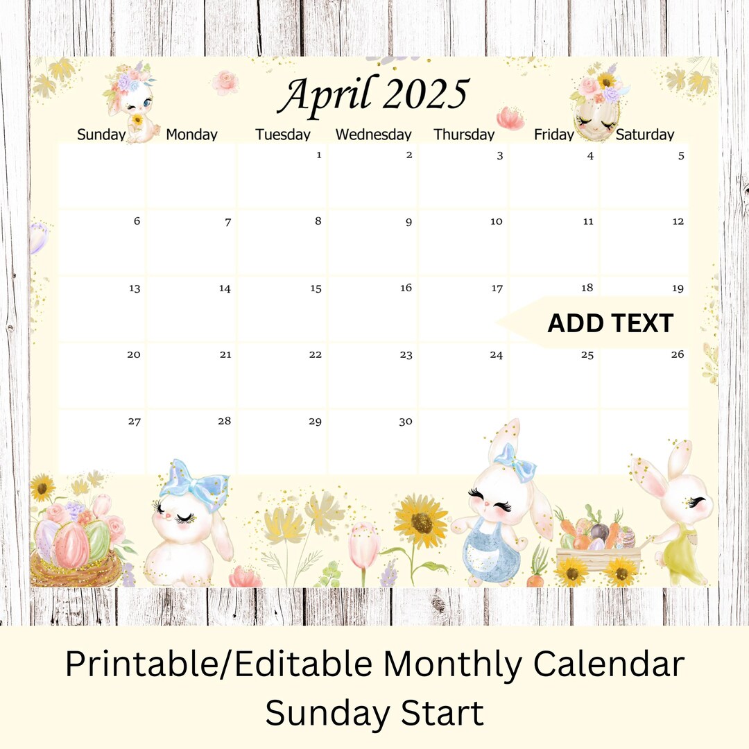 EDITABLE April 2025 Calendar, Easter Day Planner With Bunnies, Kids ...