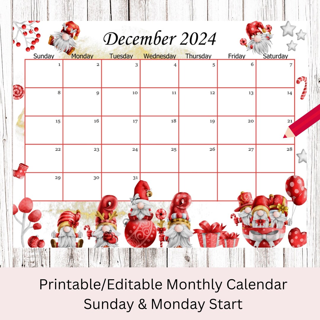 EDITABLE December 2024 Calendar, Christmas With Gnomes Planner, Kids ...