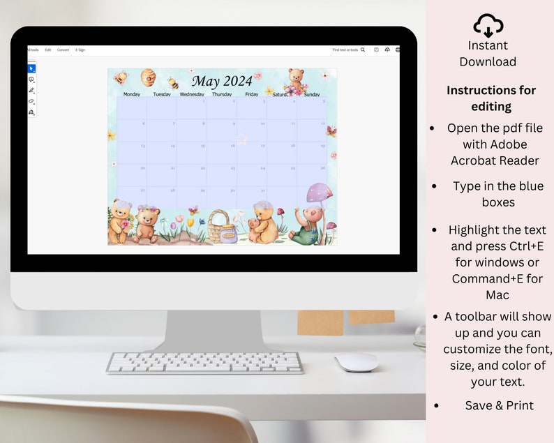 EDITABLE May 2024 Calendar, Cute Spring Planner, Monthly Kids School ...