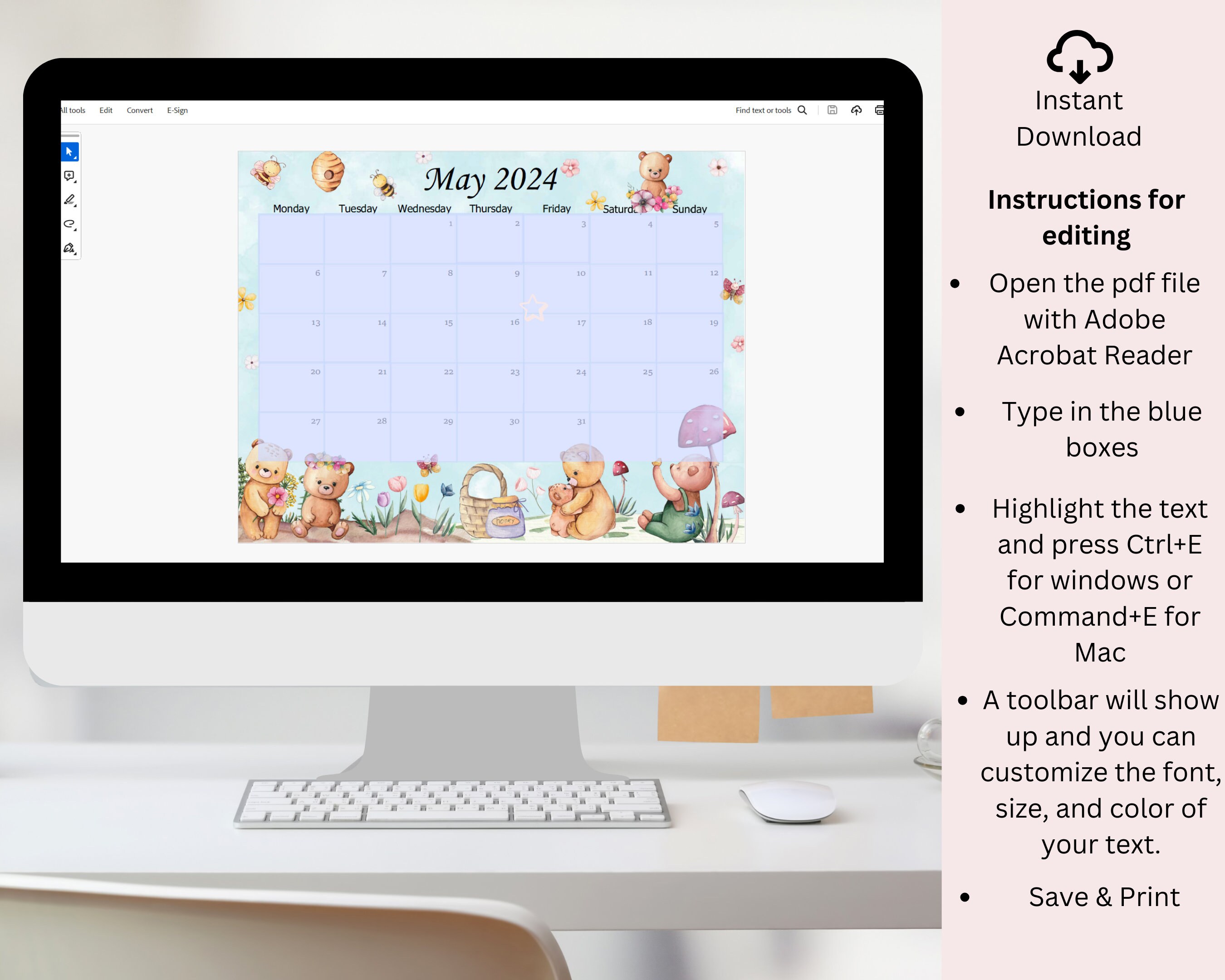EDITABLE May 2024 Calendar, Cute Spring Planner, Monthly Kids School ...