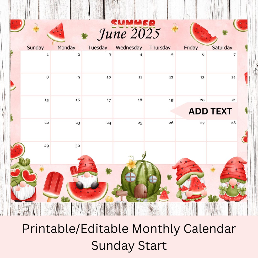 EDITABLE June 2025 Calendar, Summer Planner With Cute Gnomes, Kids ...