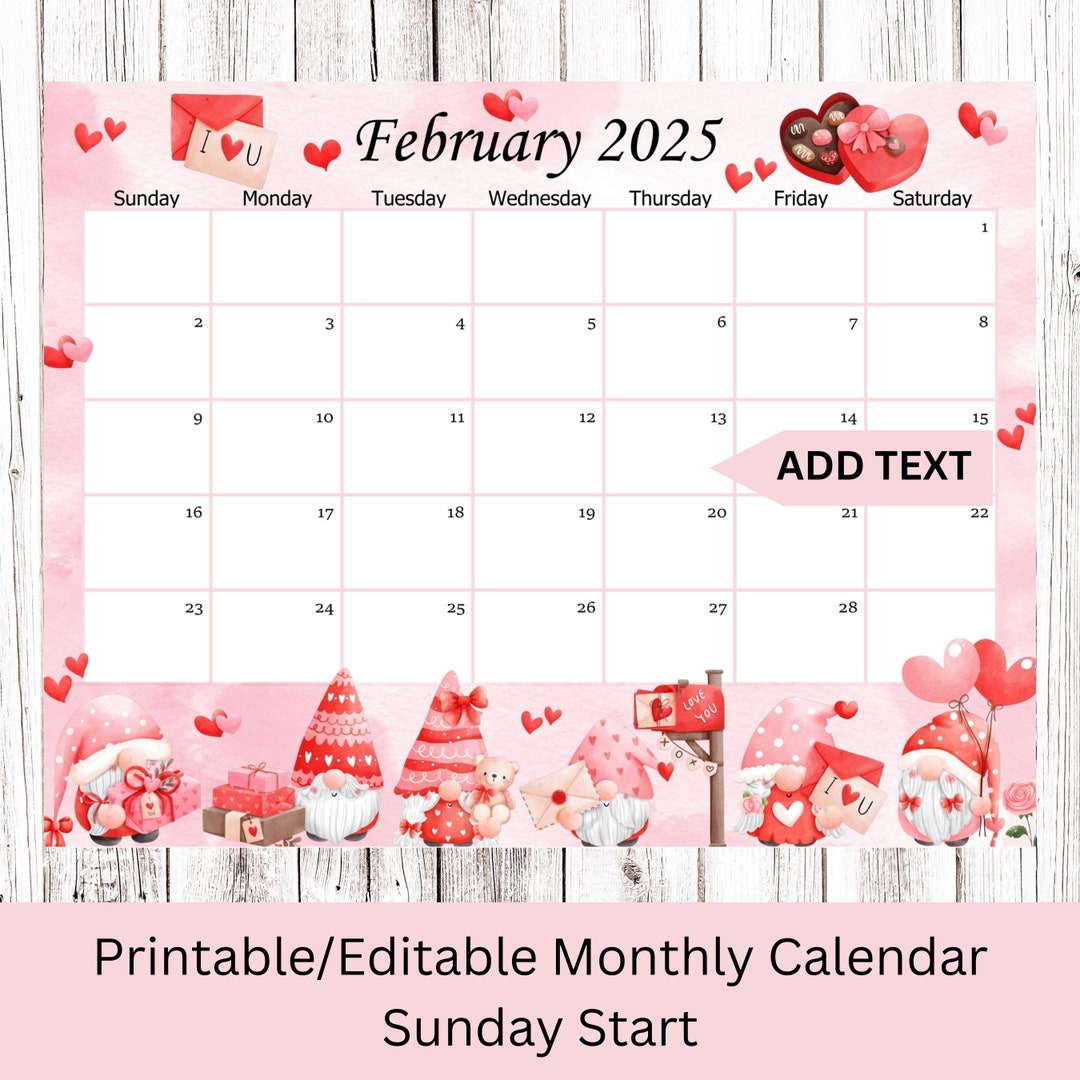 EDITABLE February 2025 Calendar, Cute Valentine Gnomes Planner, Kids ...