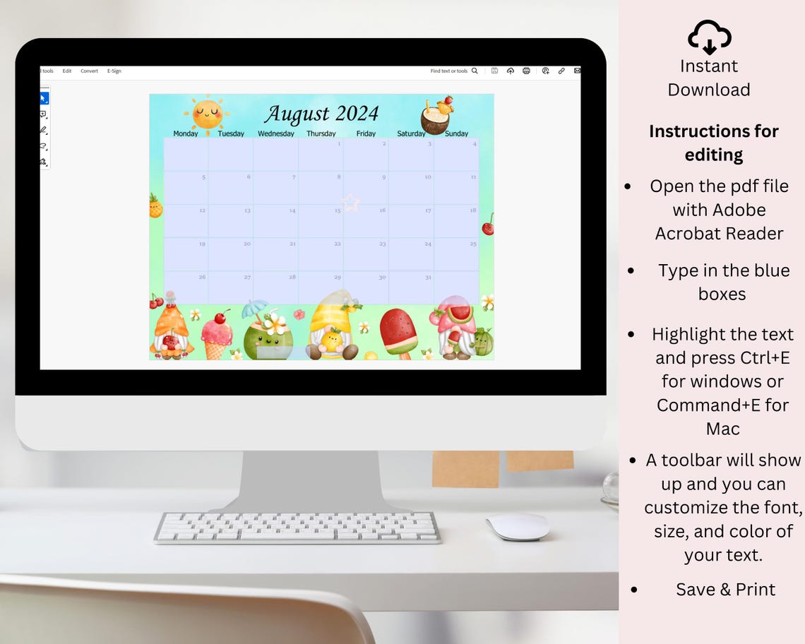 EDITABLE August 2024 Calendar, Cute Summer Gnomes Planner, Kids School ...