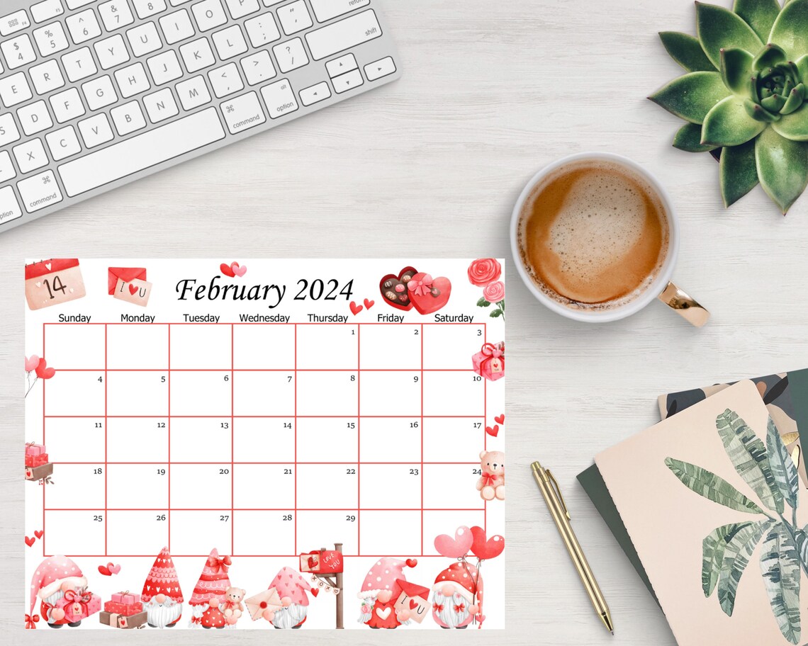 EDITABLE February 2024 Calendar, Cute Valentine Gnomes Planner, Kids ...