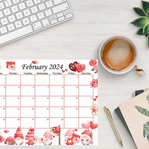 EDITABLE February 2024 Calendar, Cute Valentine Gnomes Planner, Kids ...
