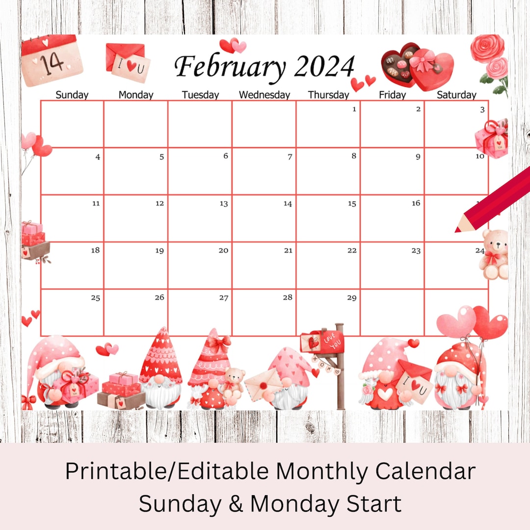 EDITABLE February 2024 Calendar, Cute Valentine Gnomes Planner, Kids ...