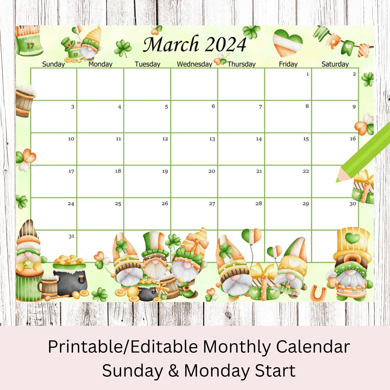 EDITABLE March 2024 Calendar, St. Patrick's Day Gnome Planner, Kids ...