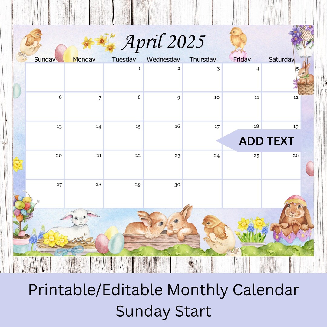 EDITABLE April 2025 Calendar, Beautiful Easter Day Planner, Kids School ...
