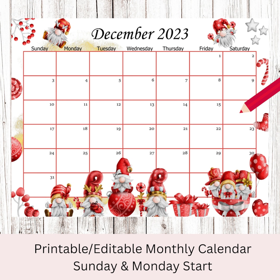 EDITABLE December 2023 Calendar, Christmas With Gnomes Planner, Kids ...
