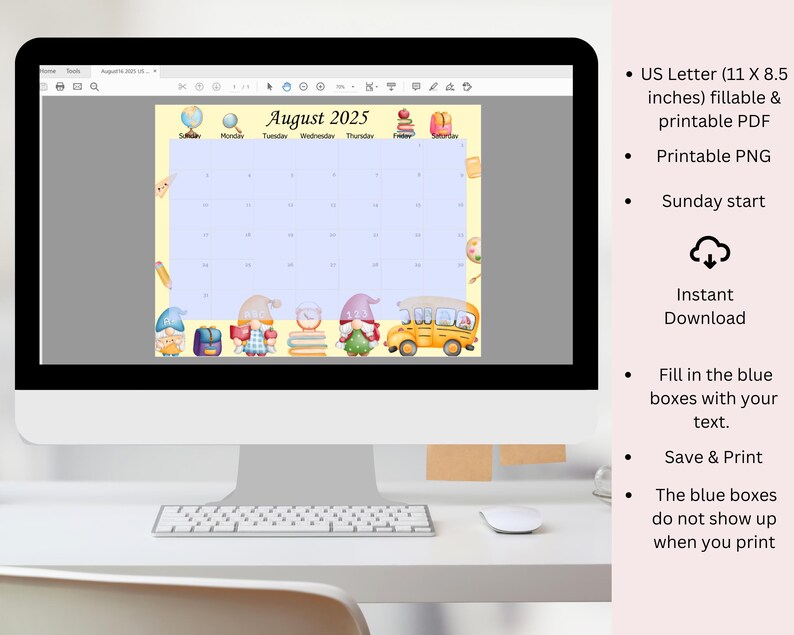 EDITABLE August 2025 Calendar, Cute School Gnomes Planner, Kids School ...