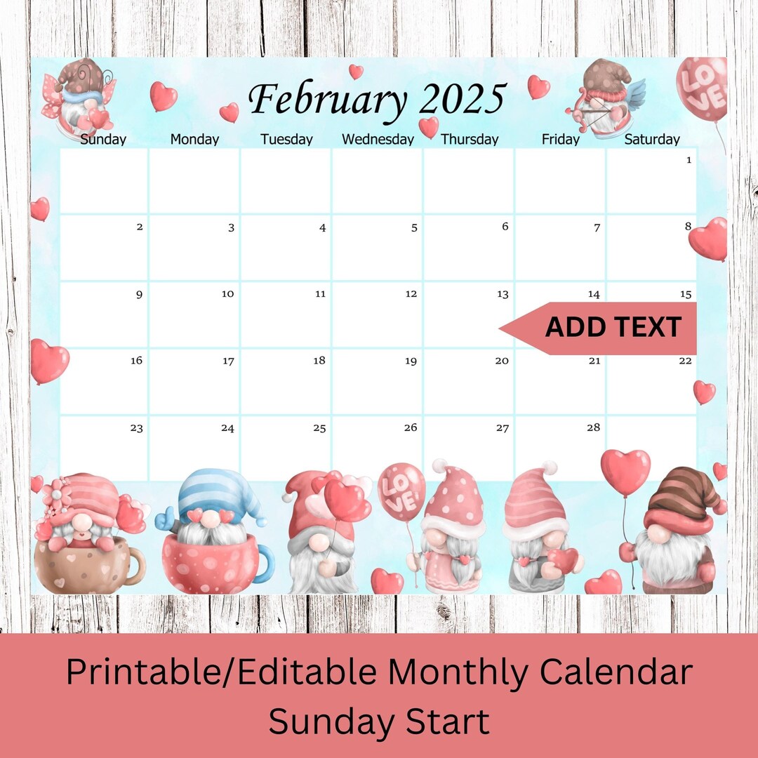 EDITABLE February 2025 Calendar, Valentine Planner With Gnomes, Kids ...