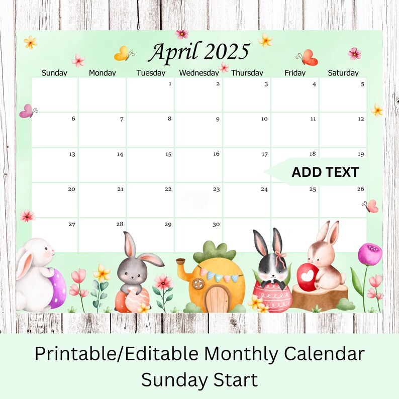 EDITABLE April 2025 Calendar, Easter Day Spring Planner, Kids School ...
