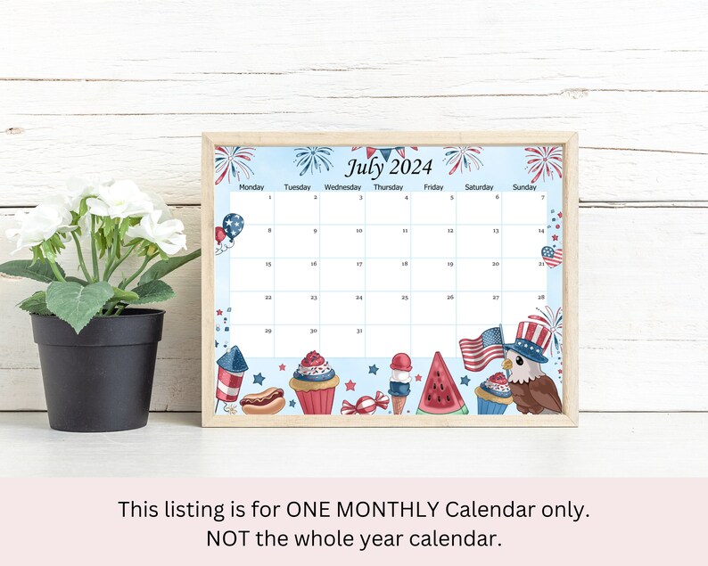 EDITABLE July 2024 Calendar, 4th of July Planner, Monthly Kids School ...